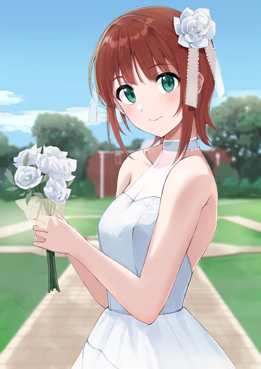 marie (pixiv31942978) the idolm@ster amami haruka cleavage dress no bra see through wedding ...